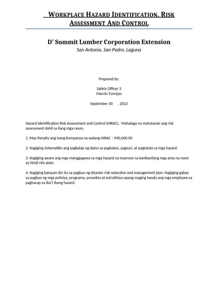 Workplace Hazard Identification Risk Assessment and Control | PDF