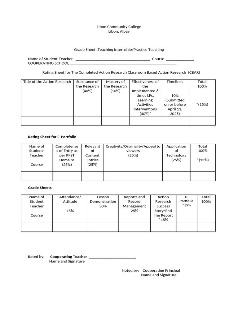 Teaching Internship (Grade Sheet) | PDF | Teachers | Learning