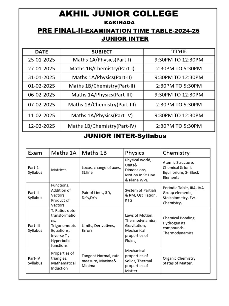 MPC - Partwise - Pre Final Exam Time Table - 2024-25 | PDF