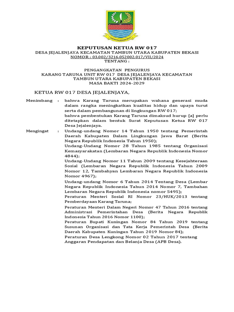 Pengangkatan Pengurus Karang Taruna RW 017 | PDF