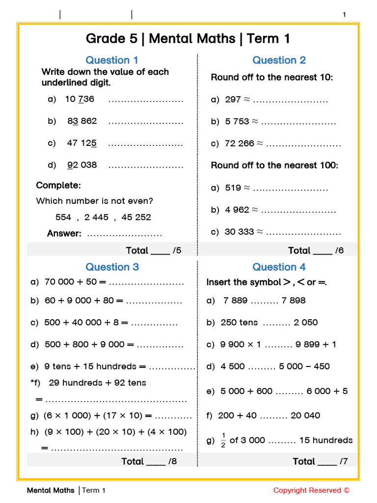 GR 5 Mental Maths - Term 1-4 | PDF | Mathematics