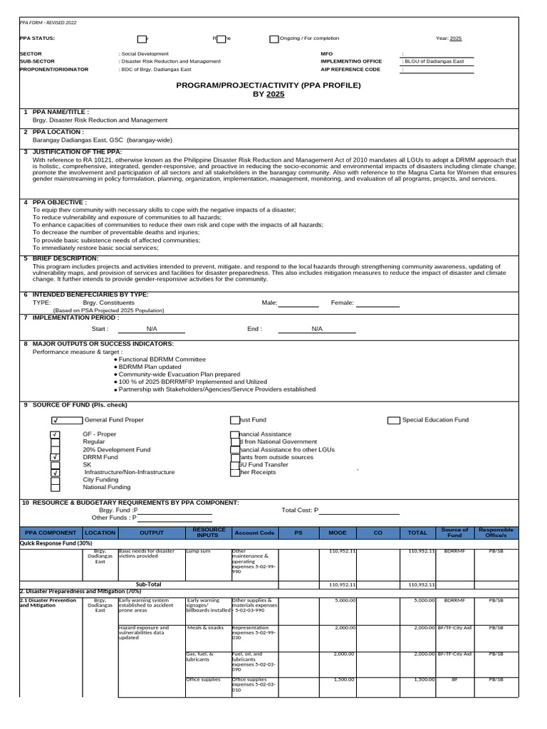 Baip - Final Ppa - East 2025 - Drrmp. | PDF | Disaster Risk Reduction | Emergency Management