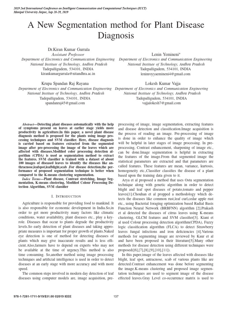 A New Segmentation Method For Plant Disease Diagnosis | PDF | Image Segmentation | Cluster Analysis