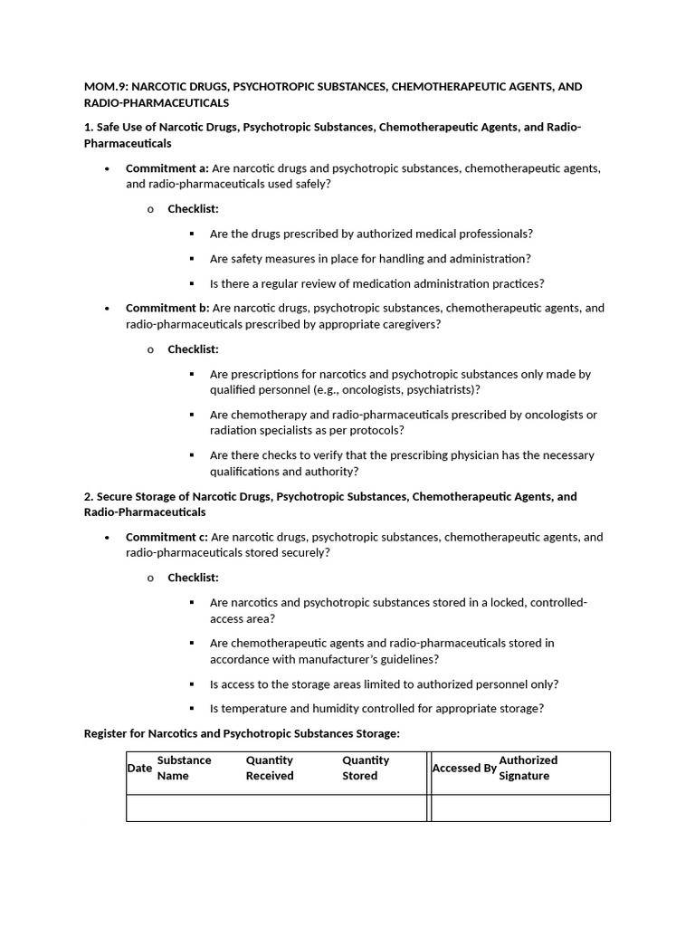 MOM Narcoti Drugs, Chemotherapy Drugs Checklist Nabh and Record | PDF ...