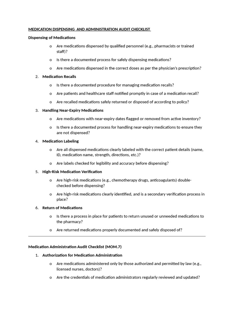 Medication Dispensing and Administration Audit Checklist | PDF | Medical Prescription | Clinical ...