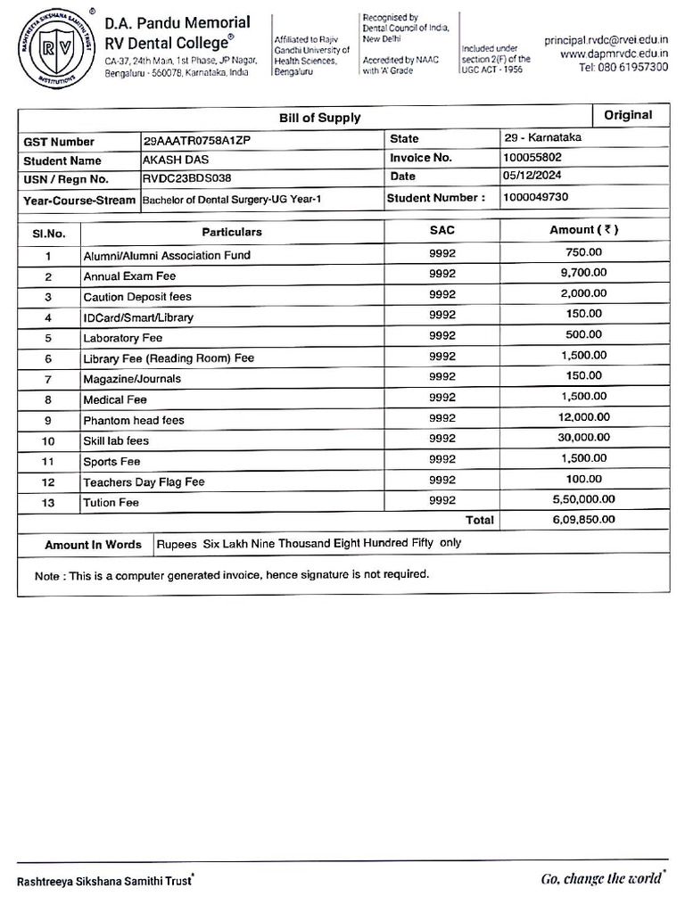 Akash Das 2nd BDS Break Up Receipt | PDF