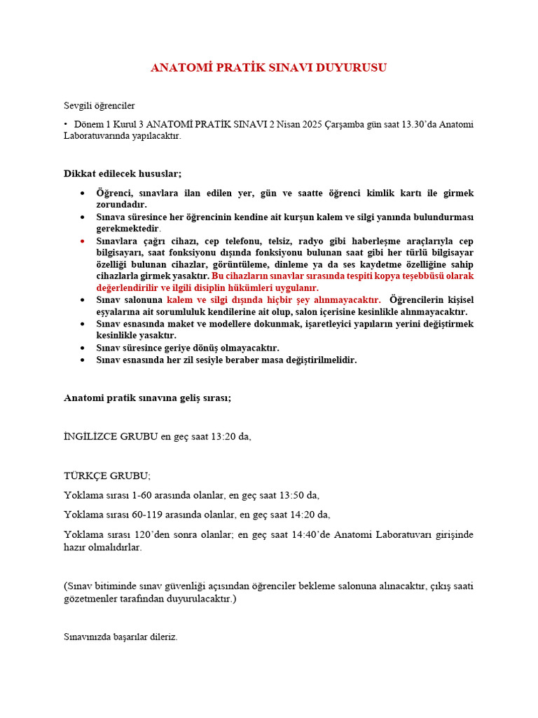 Dönem 1 Anatomi Pratik Sınav Duyurusu (Kurul 3) 2024-2025 | PDF