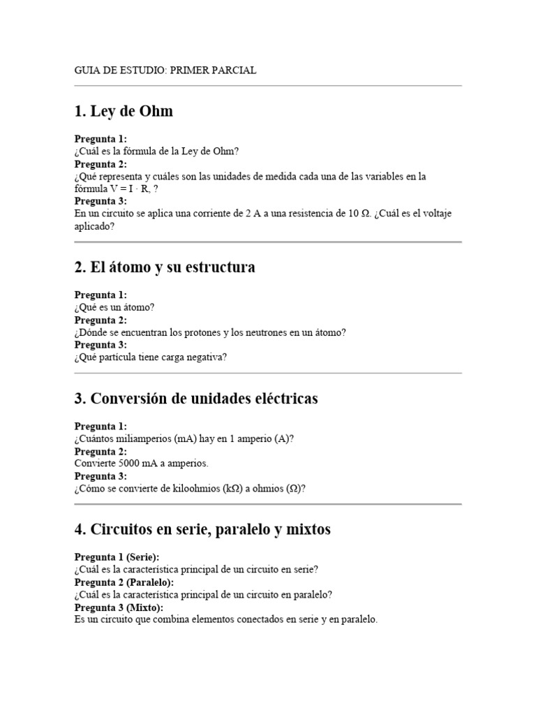 Guia de Estudio - Primer Parcial | PDF | Resistencia Eléctrica y Conductancia | Corriente eléctrica