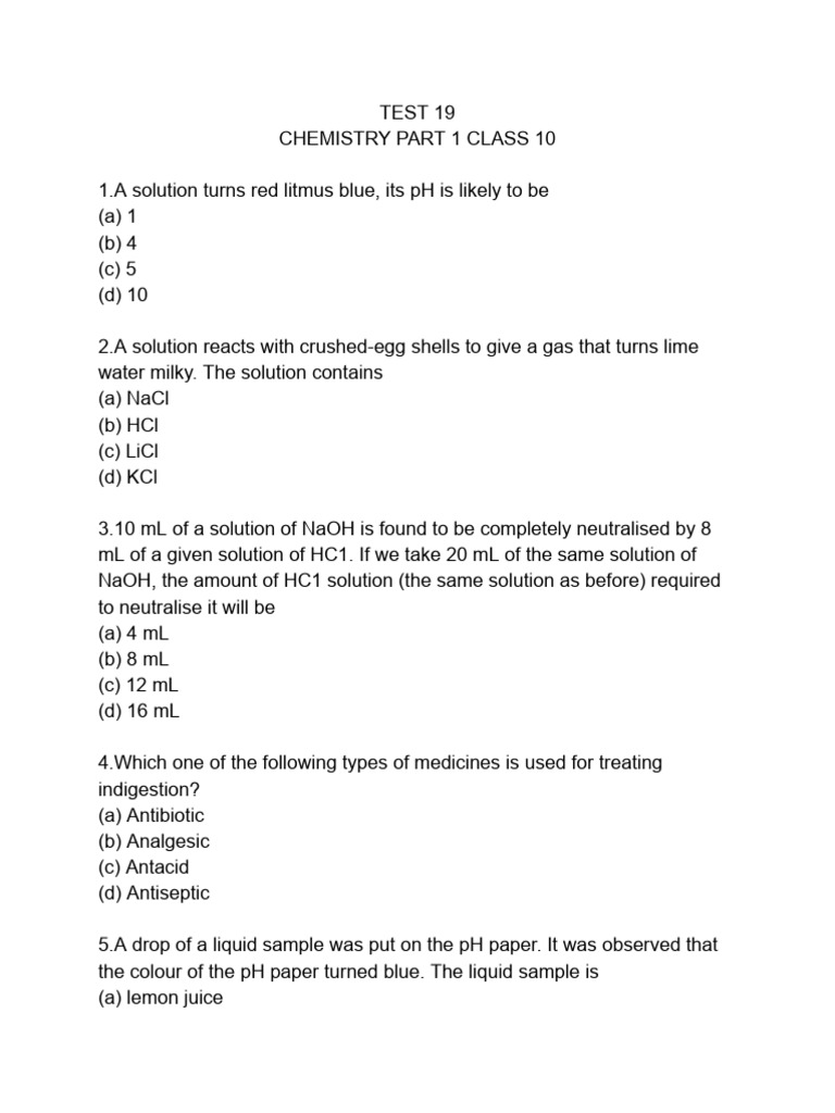 Class 10 Chemistry Test Questions | PDF | Magnesium | Iron