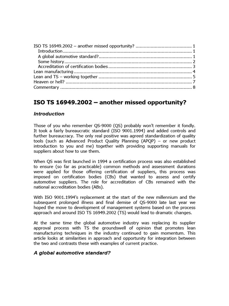 ISO TS 16949: Integration with Lean Manufacturing | PDF | Lean ...