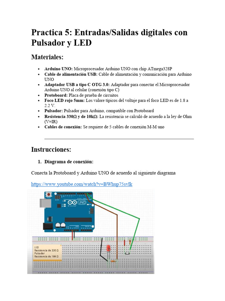 5 Entradas y salidas digitales con pulsador y LED | PDF | Arduino | Diodo emisor de luz