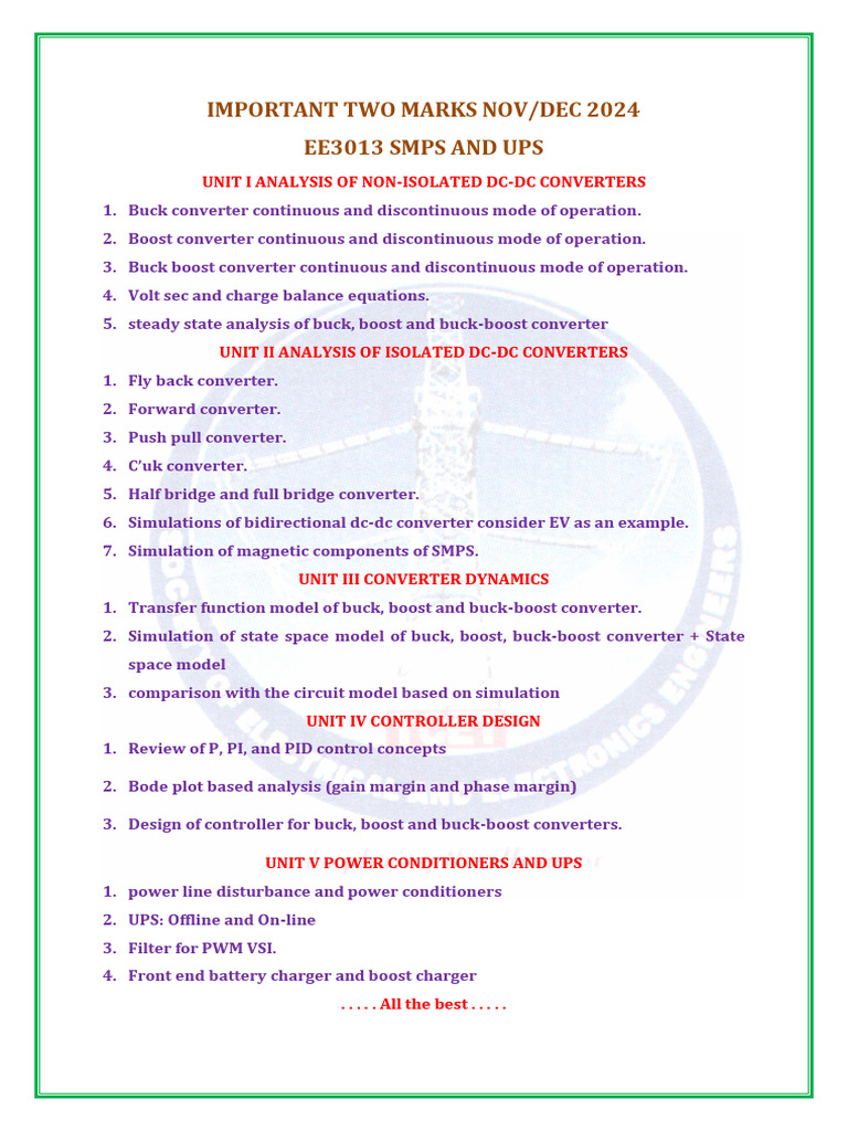 Ee3013 Smps and Ups Important Questions | PDF
