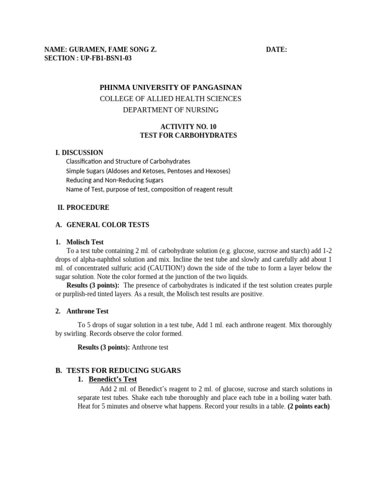 Bio 024 Lab Activity 10 Cho 1 | PDF | Carbohydrates | Glucose