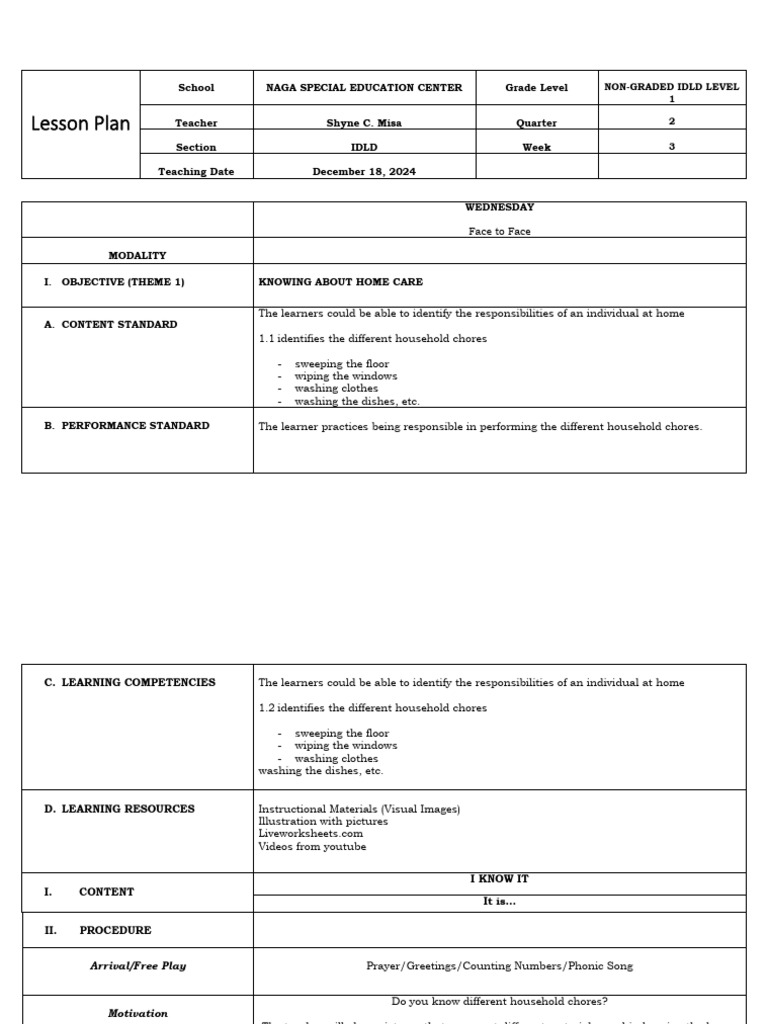Lesson Plan For Household Chores Demonstration FS1 | PDF | Lesson Plan ...