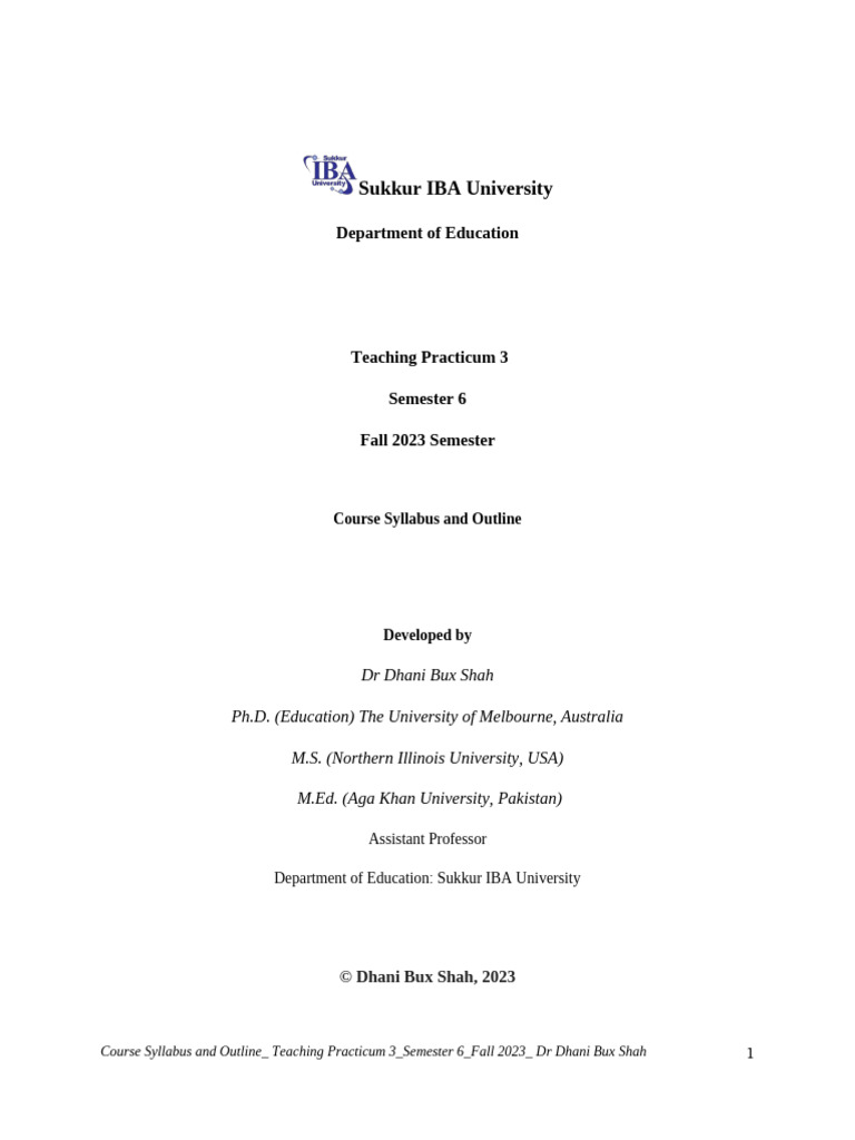 Course Syllabus and Outline - Teaching Practicum 3 - Semester 6 - Fall ...