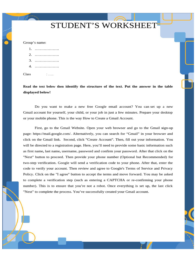 Gmail Account Creation Worksheet | PDF