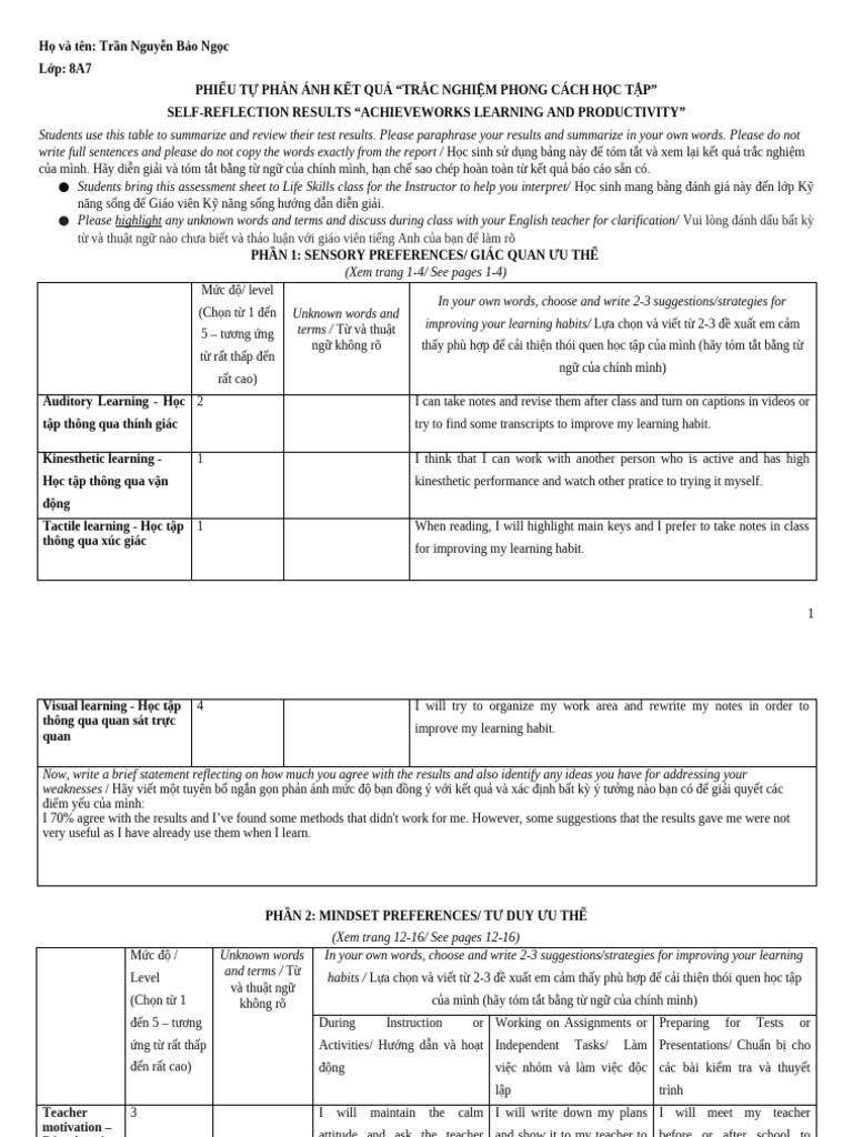 Grade 8 LSI Self-Reflection Worksheet | PDF