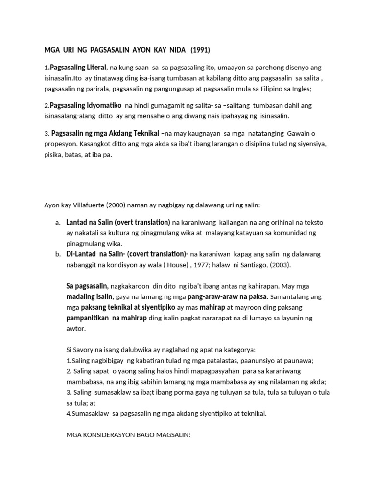 Mga Uri NG Pagsasalin Ayon Kay Nida | PDF