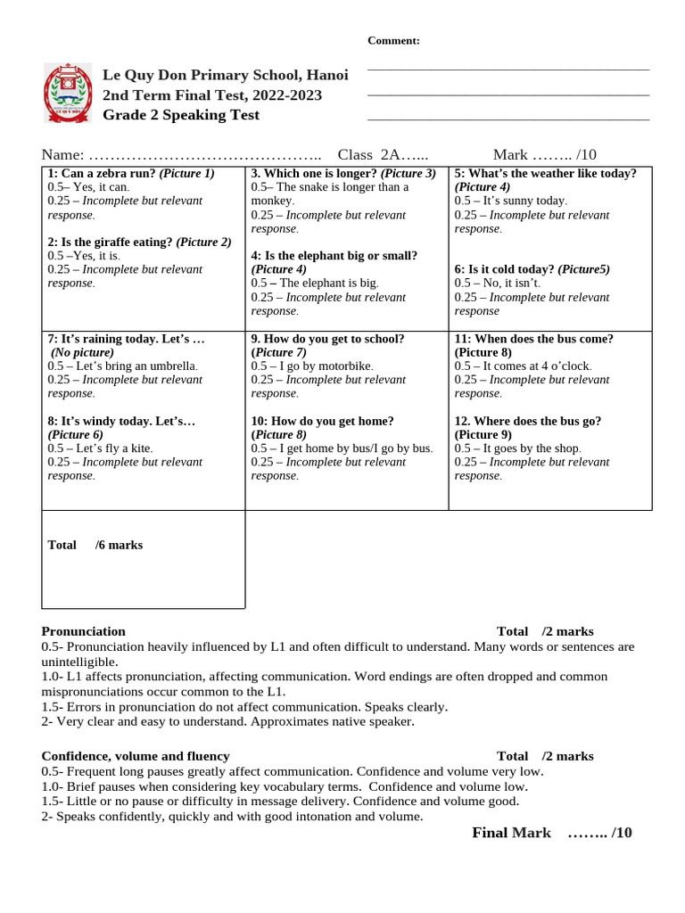 Grade 2 Speaking Test Assessment | PDF | Human Communication ...