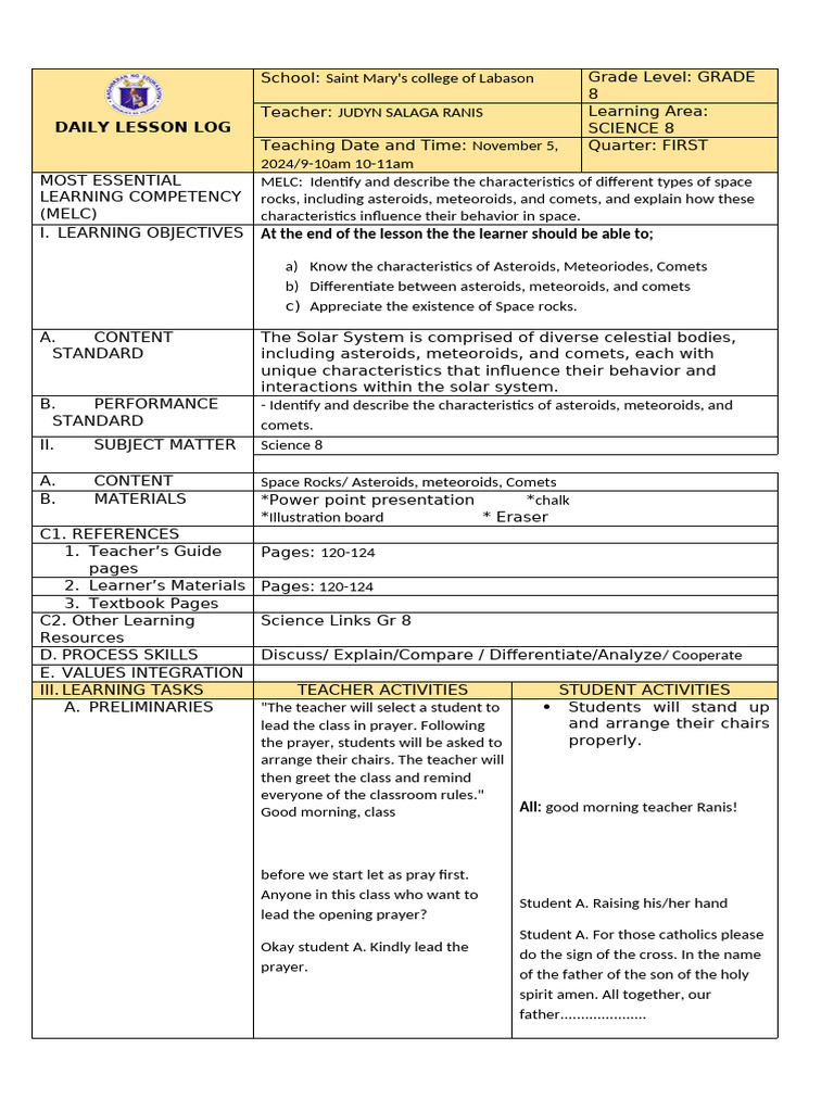 Space Rocks Lesson Plan for Grade 8 | PDF | Earthquakes | Learning
