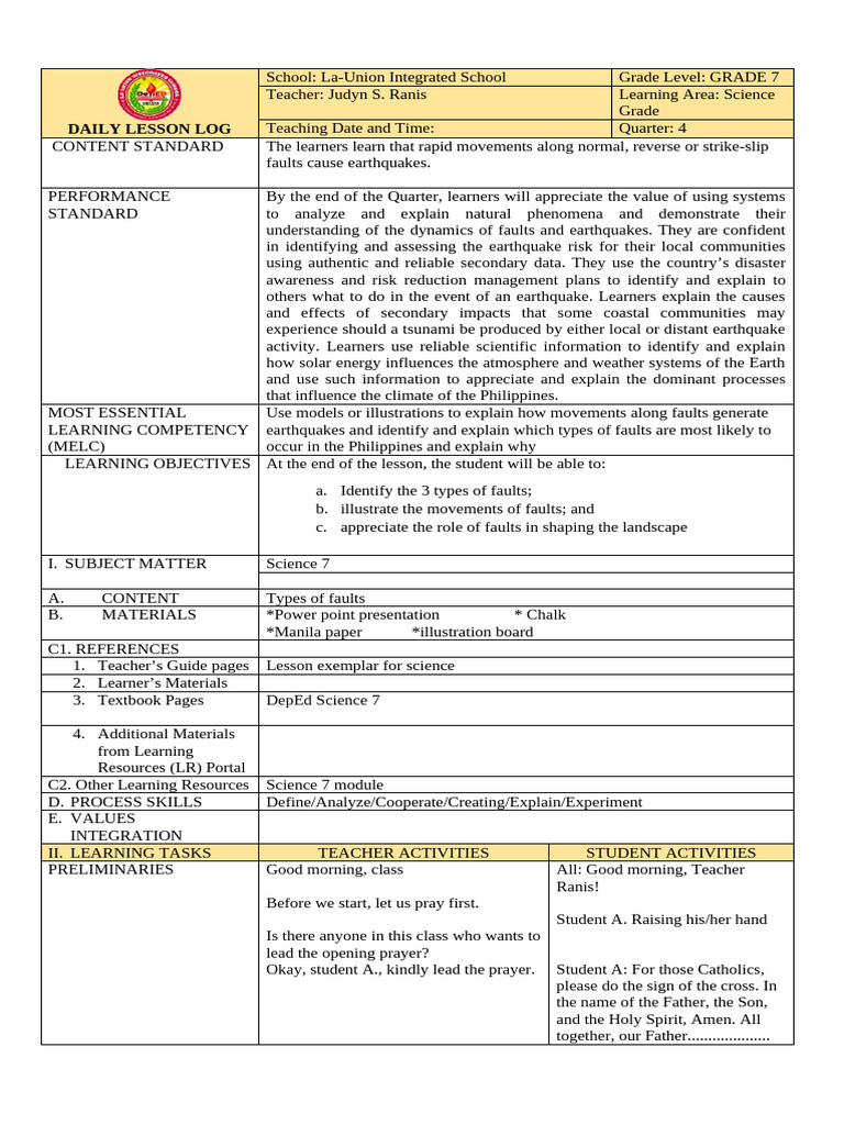 Types of Faults lesson Plan for grade 7 Science pre demo JUDYN | PDF ...