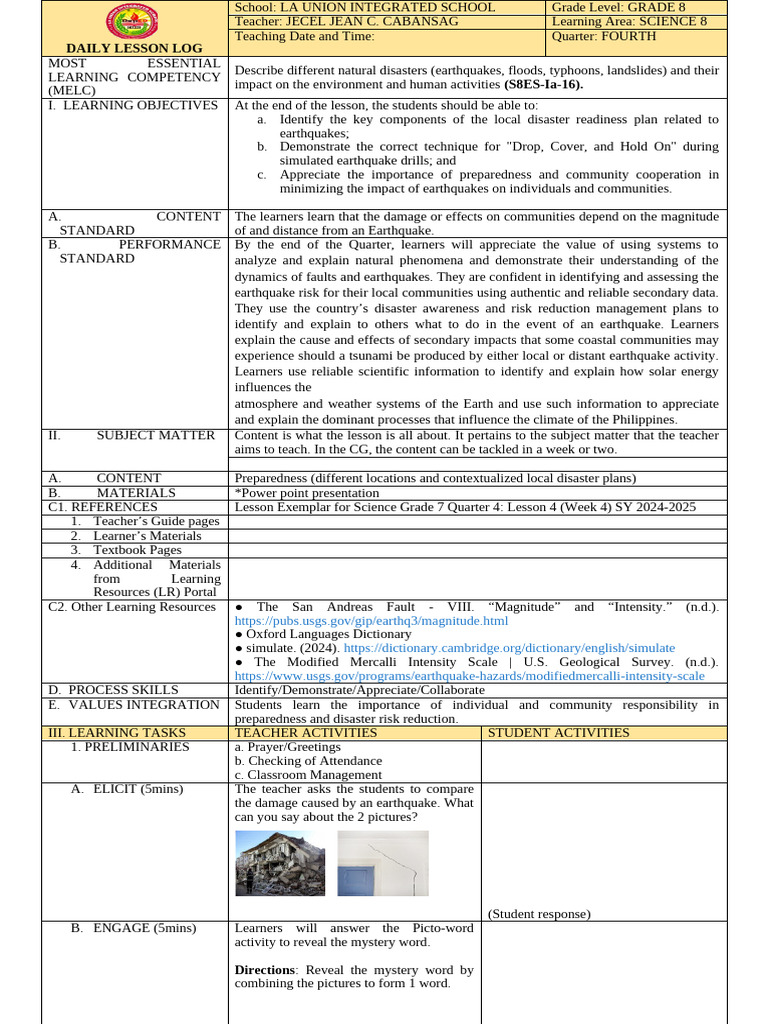 Grade 7 LP Week 4 (Final) | PDF | Earthquakes | Learning