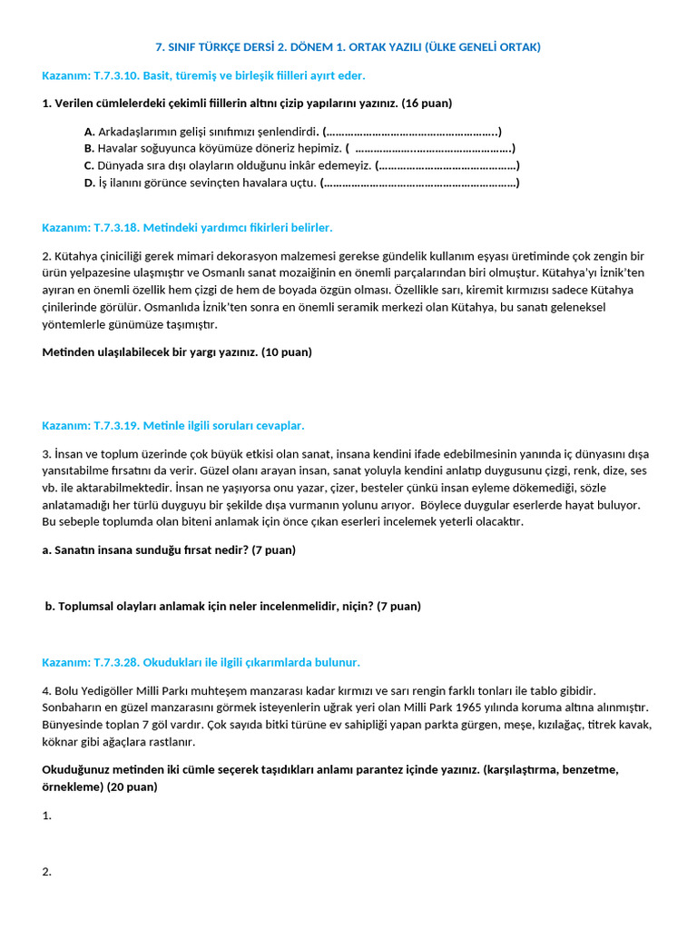 7 Sinif Ortak Yazili 1 | PDF