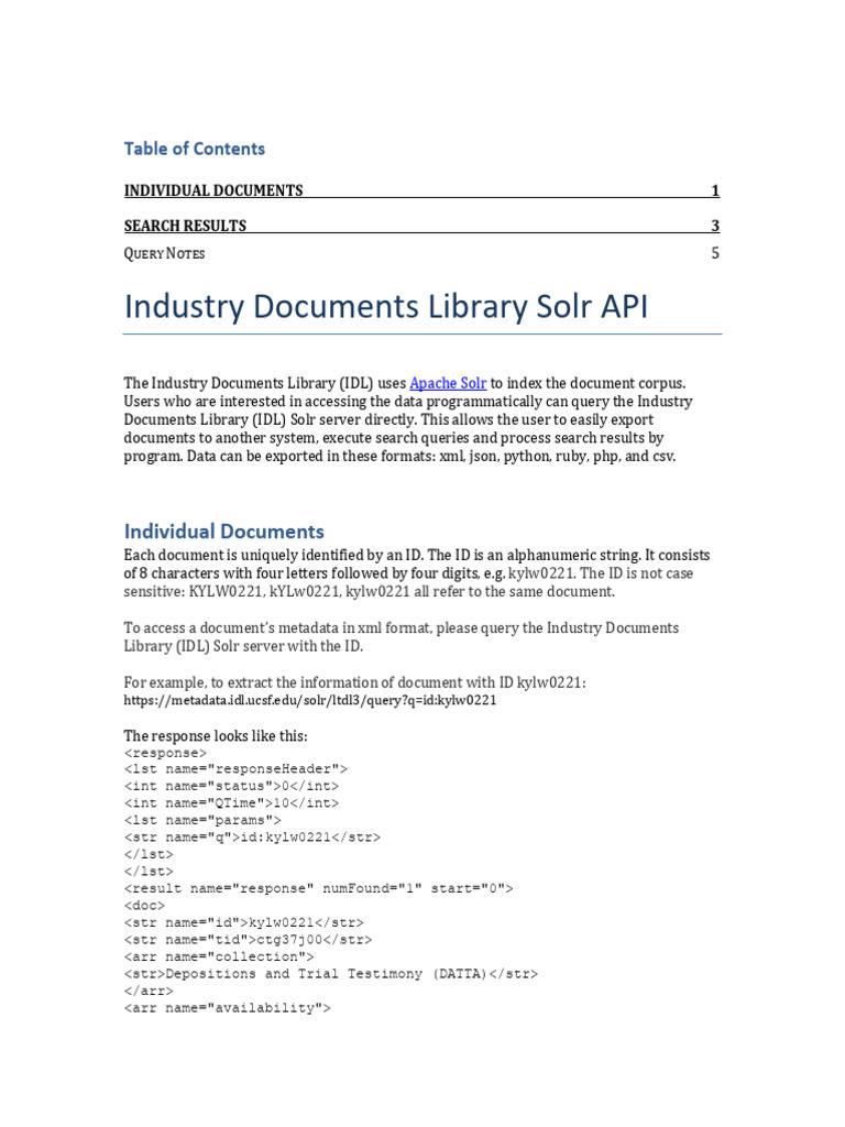 IndustryDocumentsDataAPI v7 | PDF | Apache Solr | Xml