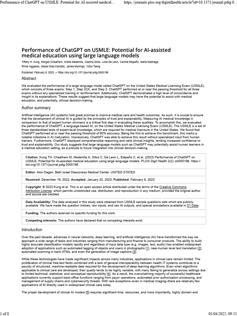 Performance of ChatGPT On USMLE - Potential For AI-assisted Medical Education Using Large ...