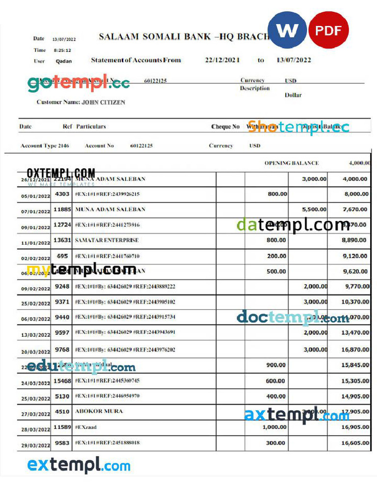 Doctempl - SOMALI SALAAM SOMALI Bank Statement Word and PDF Template | PDF