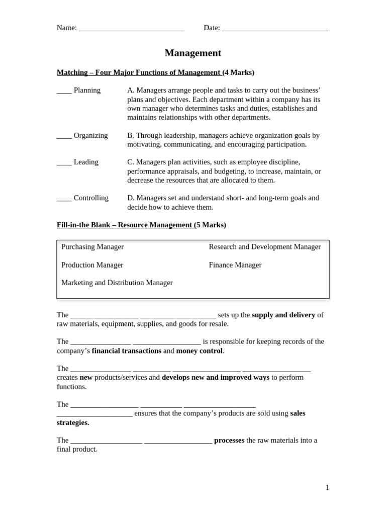Management: Matching - Four Major Functions of Management (4 Marks ...