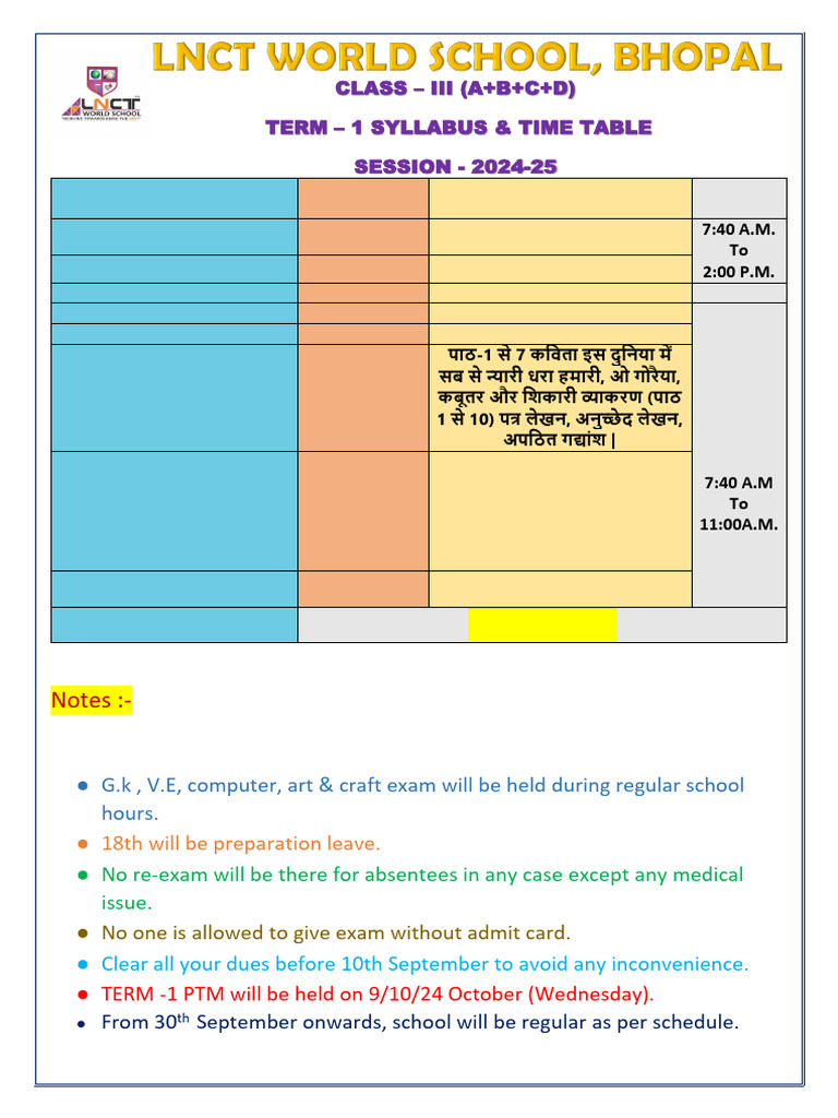Class - 3 Time Table & Syllabus | PDF
