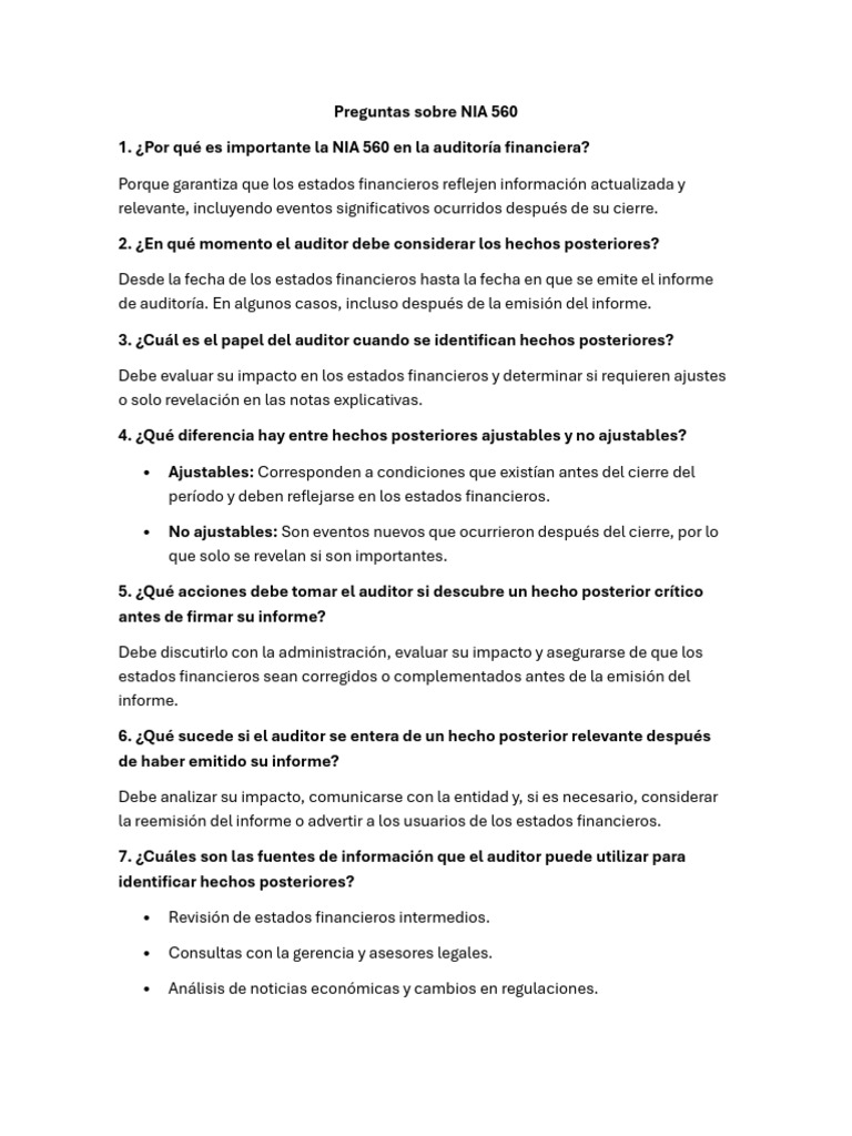 Preguntas sobre NIA 560 | PDF | Estado financiero | Auditoría