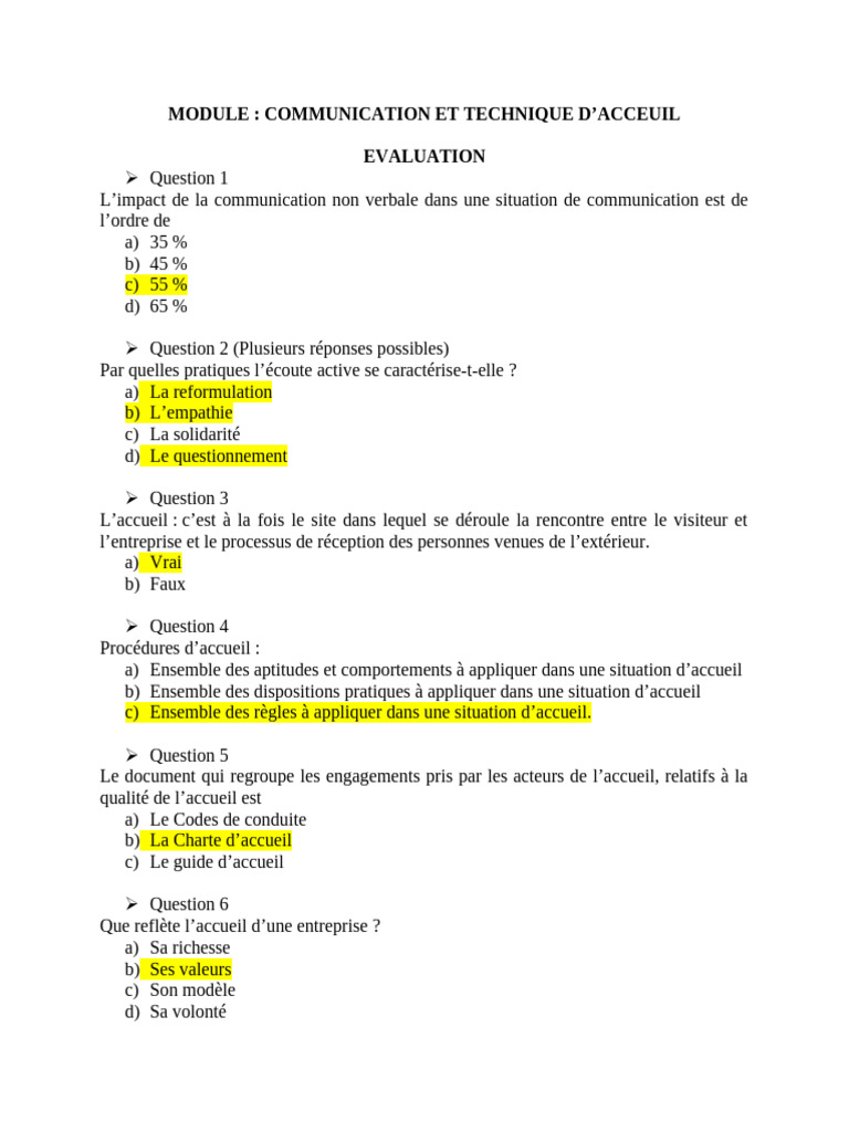 QCM TECHNIQUE D'ACCEUIL | PDF | la communication