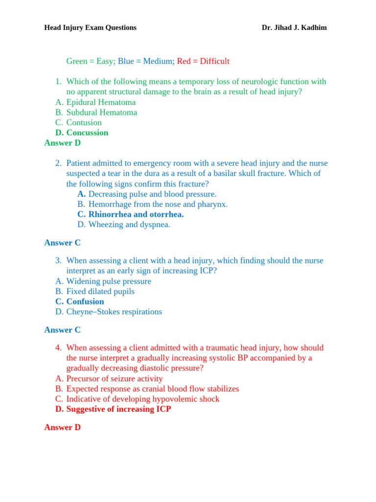 head injuries exam ques د. جهاد | PDF