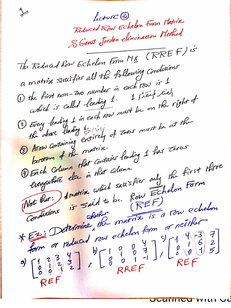 Lecture 2 (Reduced Row Echelon Form) | PDF
