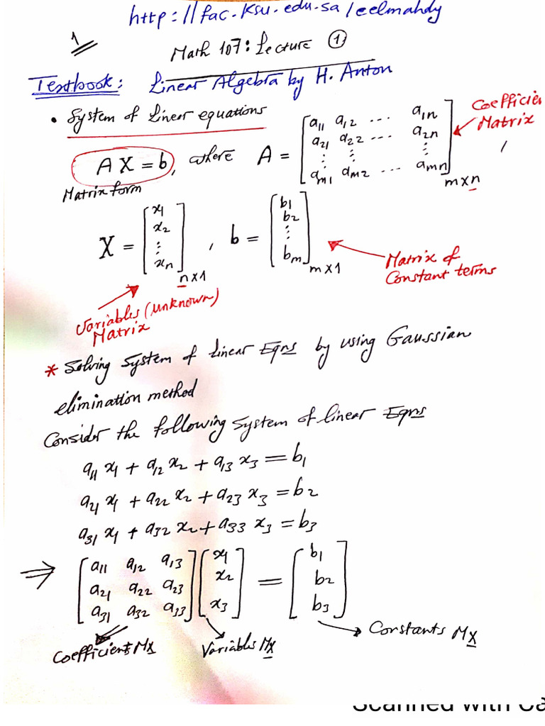 Lecture 1 (System of Linear Equations) | PDF
