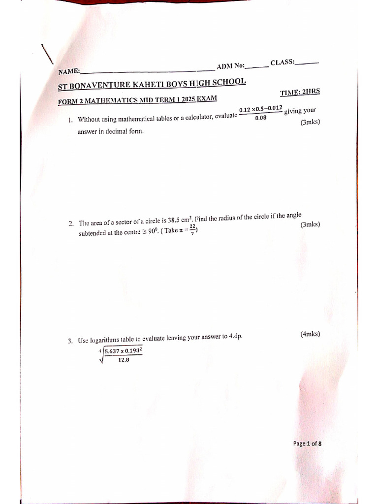 Form 2 Maths Midterm 1 2025 | PDF