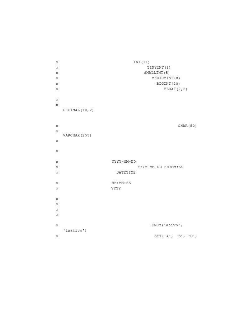 Tipos de Dados em MySQL | PDF | Tabela (banco de dados) | SQL