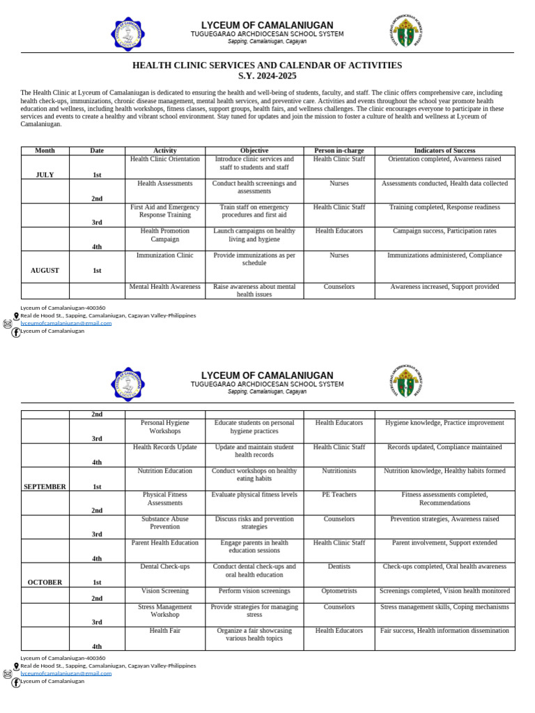Health Clinic Calendar 2024-2025 | PDF | Physical Fitness | Mental Health