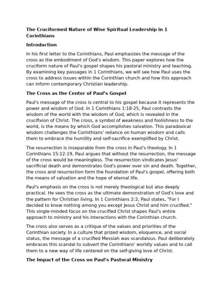 The Cruciformed Nature of Wise Spiritual Leadership in 1 Corinthians ...