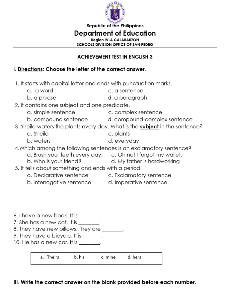 Grade 3 Achievement Test Pdf Sentence Linguistics Language