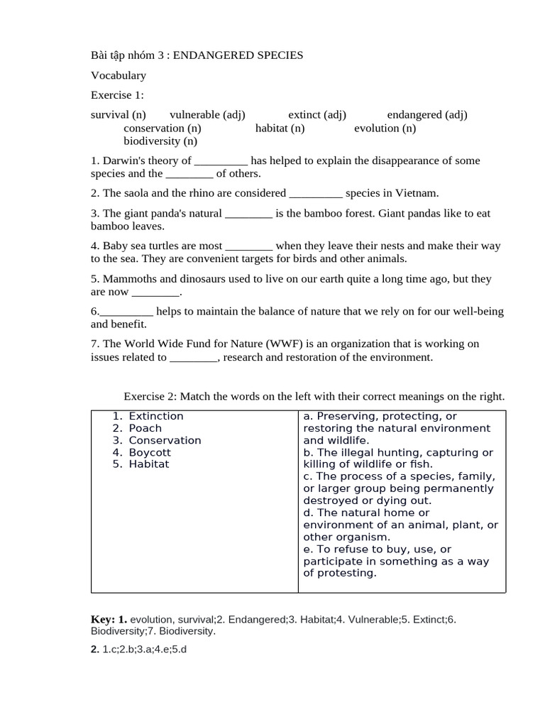 Endangered Species Vocabulary Exercise | PDF