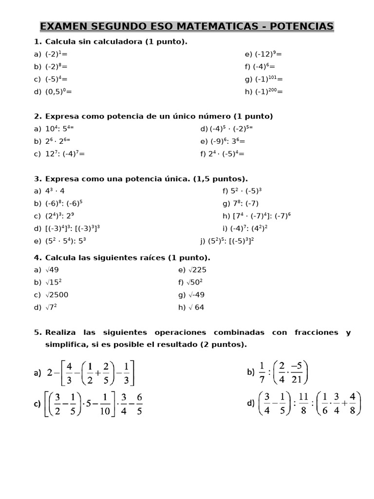Examen Tema Potencias 2 Eso | PDF