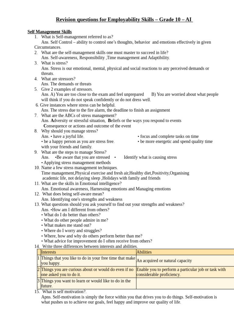 G10 - Revision questions for employability skills (2) | PDF