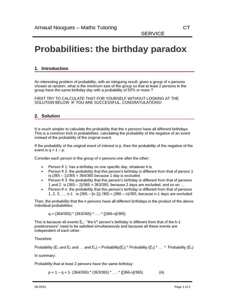 Probabilities - The Birthday Paradox | PDF | Mathematics | Applied Mathematics