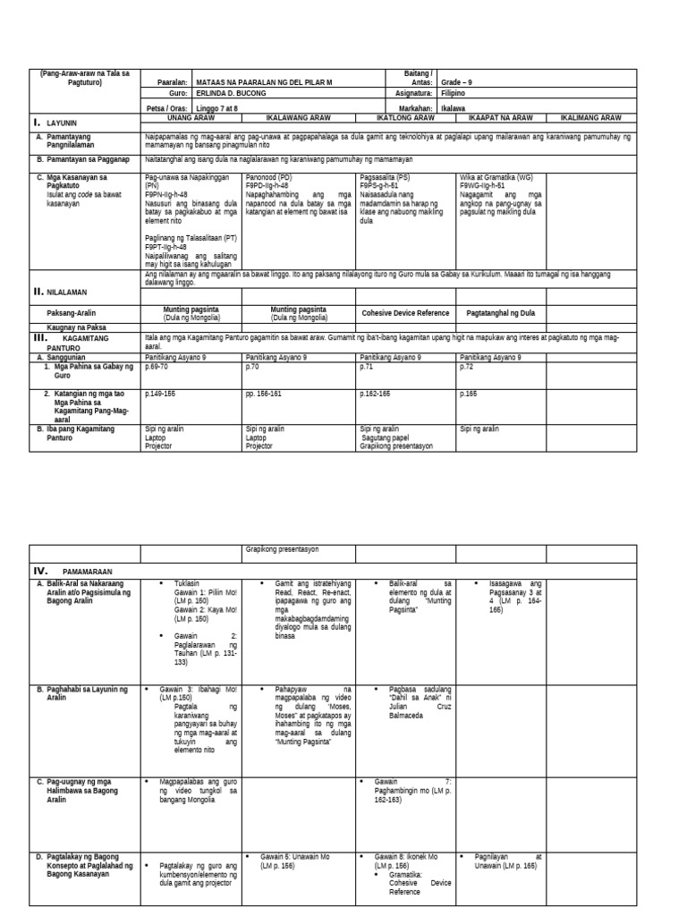 DLL FILIPINO 9 2ngd Grading Topic 5 | PDF