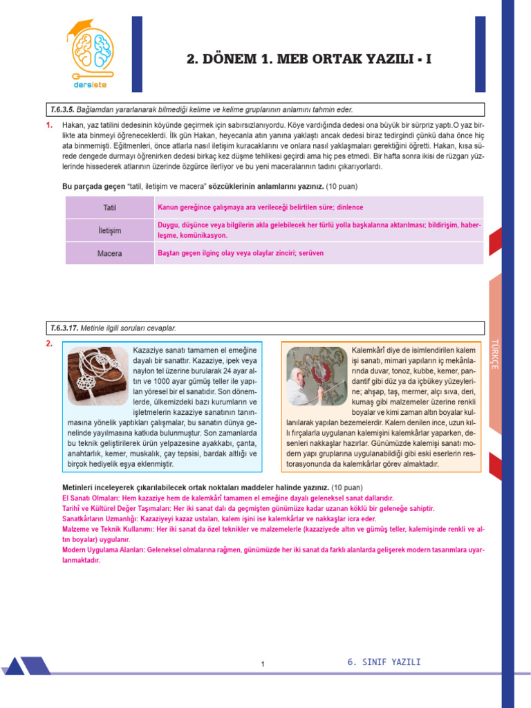 Sinif 2. Donem 1. Yazili (Tur) | PDF