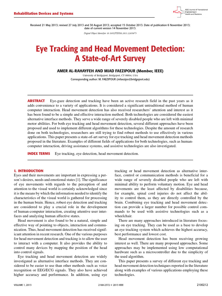 Eye Tracking and Head Movement Detection A State-Of-Art Survey | PDF | Eye