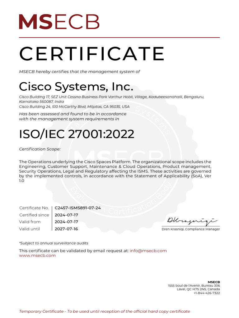 Cisco Spaces Iso 27001 | PDF